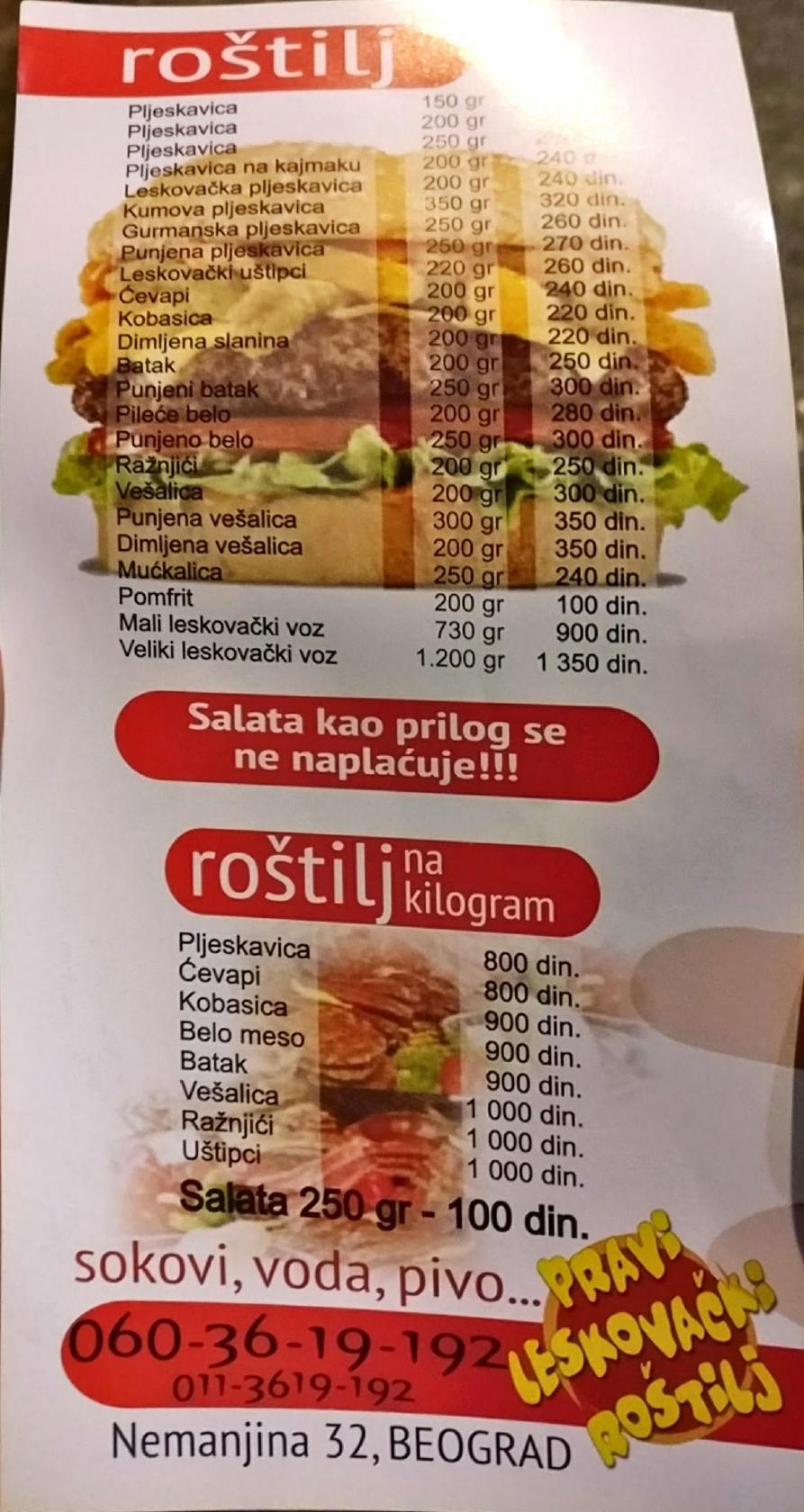 Menu at Pravi leskovački roštilj restaurant, Belgrade, Nemanjina 32