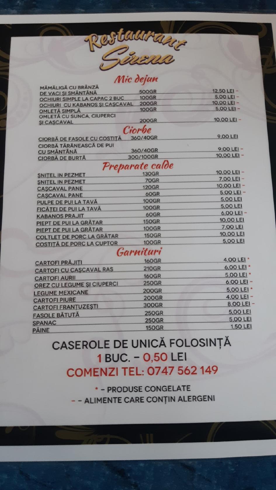 Menu at Restaurant Sirena, Bistrița