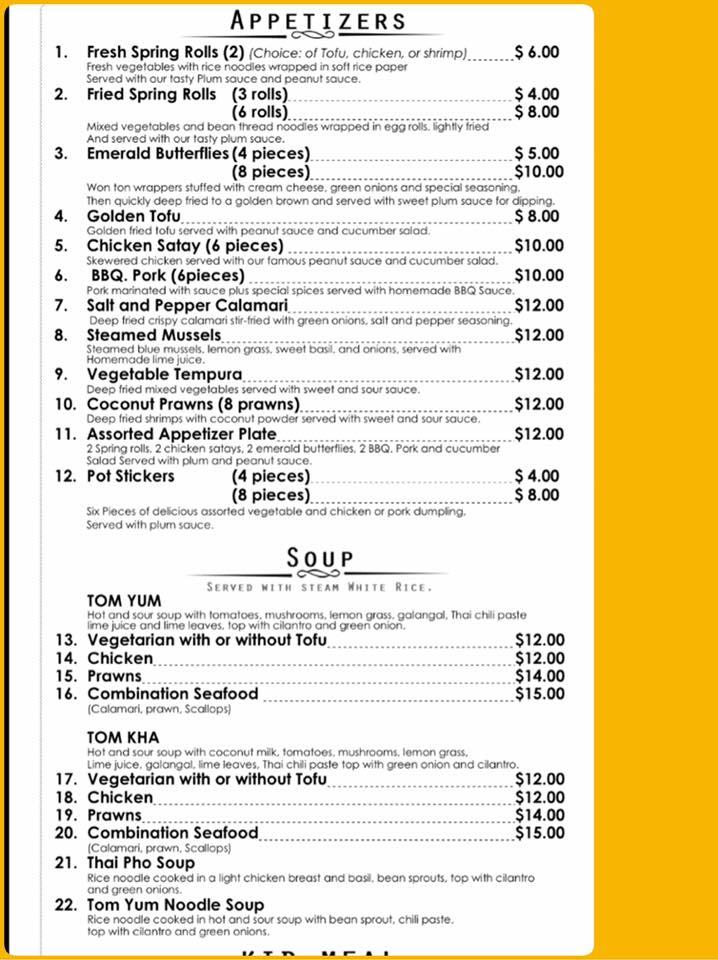 Menu at Taste of Thai restaurant, Hermiston