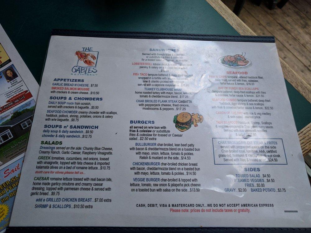 Menu at The Gables Restaurant, Saint Andrews