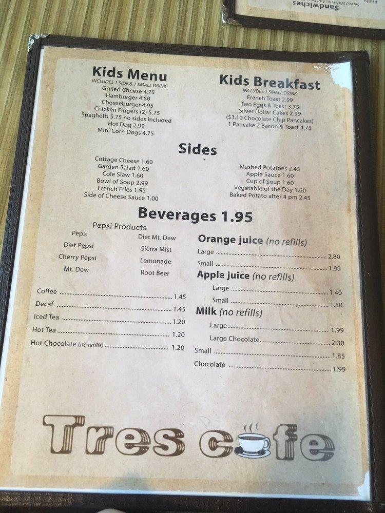 Menu at Tres Cafe, Galesburg
