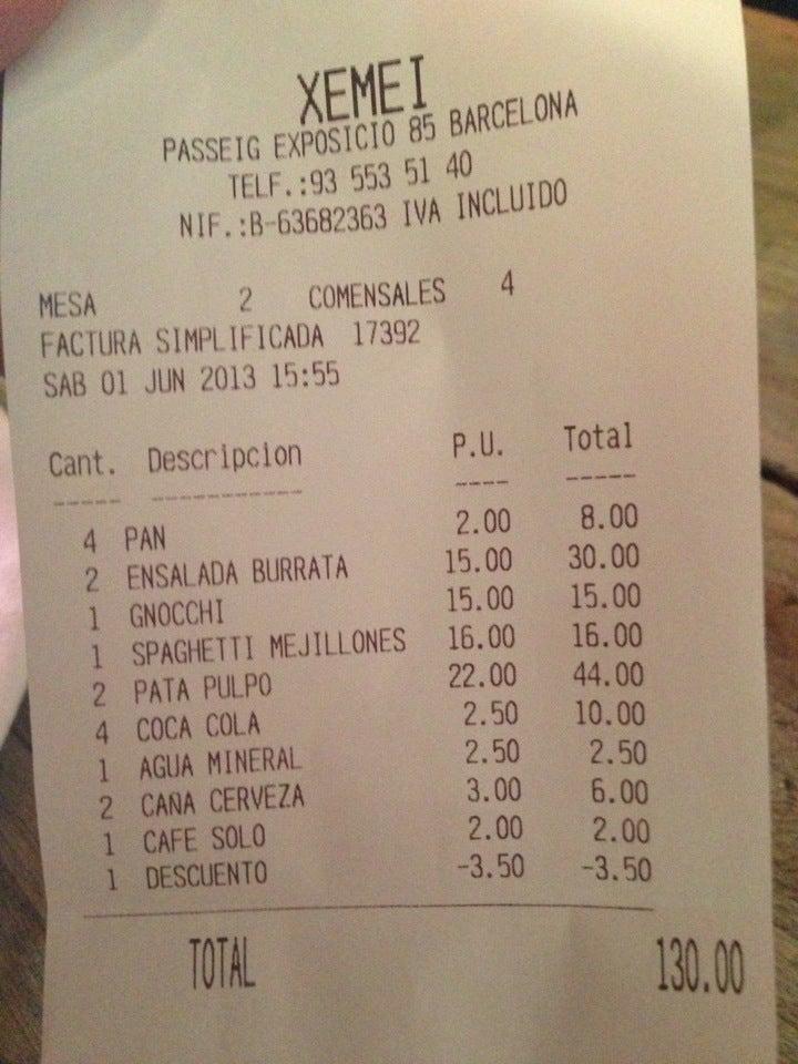 Carta del restaurante Xemei, Barcelona