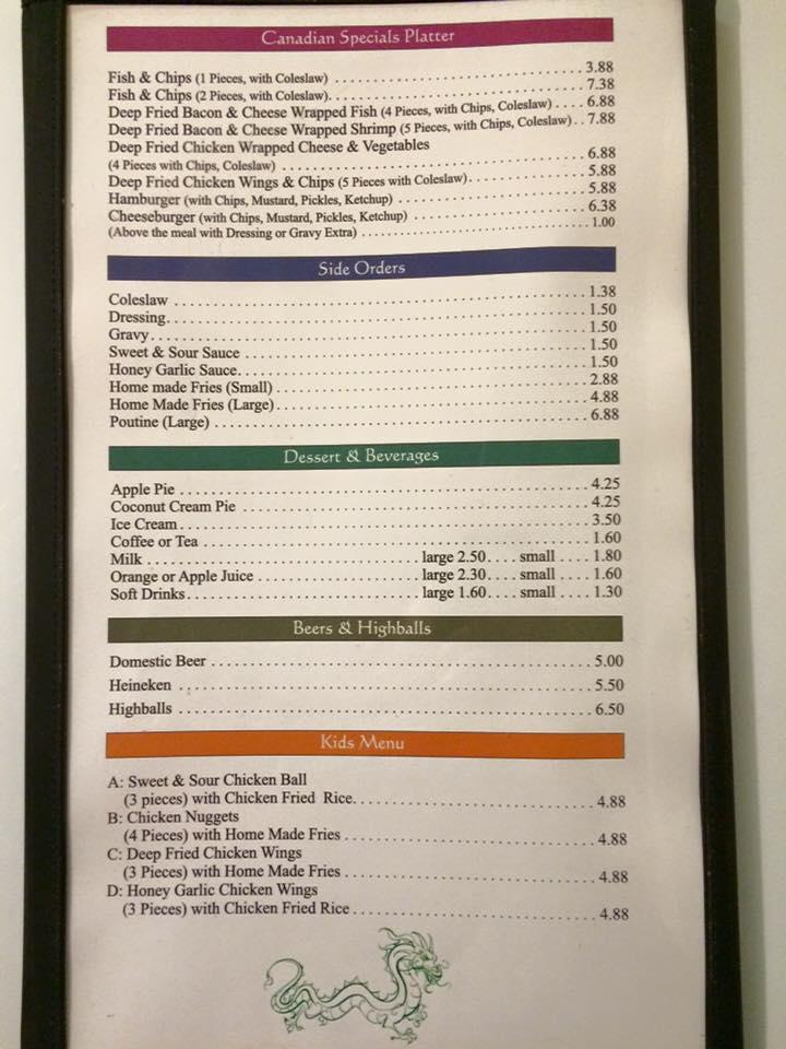Menu at Dragon 88 restaurant, Conception Bay South