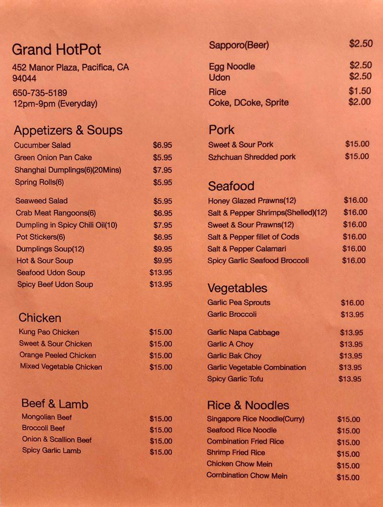 Menu at Grand HotPot restaurant, Pacifica