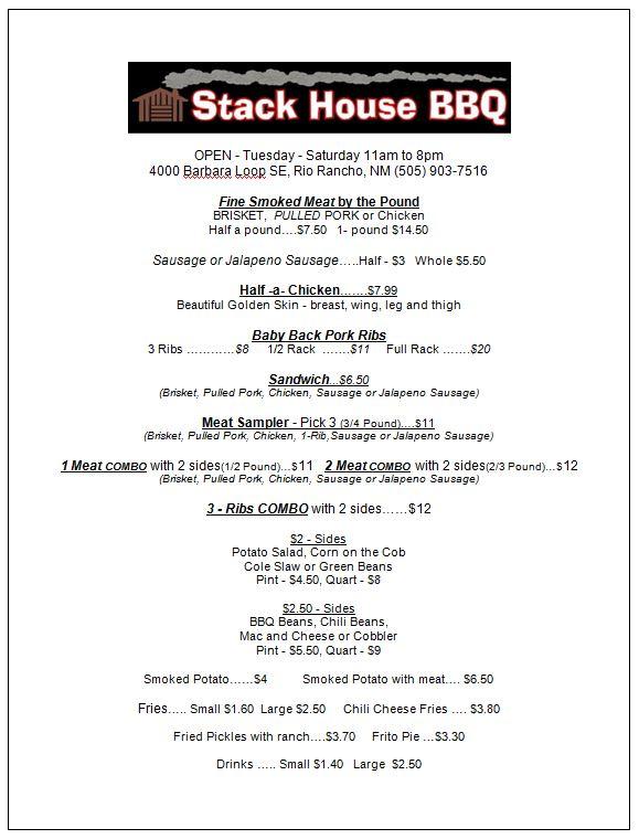 Menu at Stack House BBQ, Rio Rancho