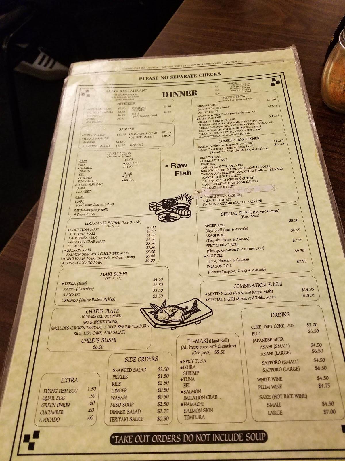 Menu at Akagi Restaurant, San Bruno