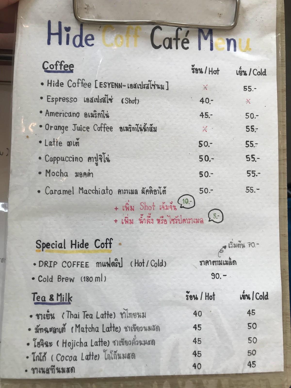 Menu at Hide Coff Cafe, Bangkok