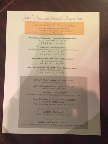 Menu at Jake's Restaurant, Brookfield