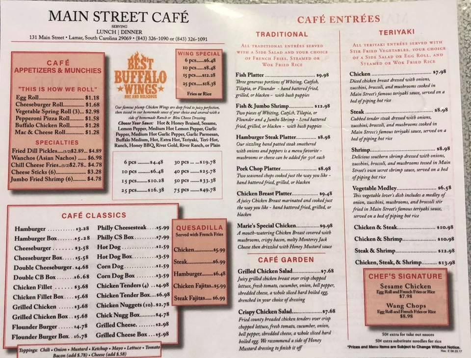 Menu at Tina's Cafe, Lamar, 131 E Main St