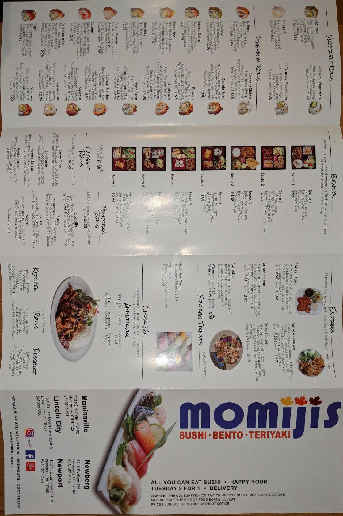 Menu at Momijis Sushi Bar & Chinese Cuisine, Newberg