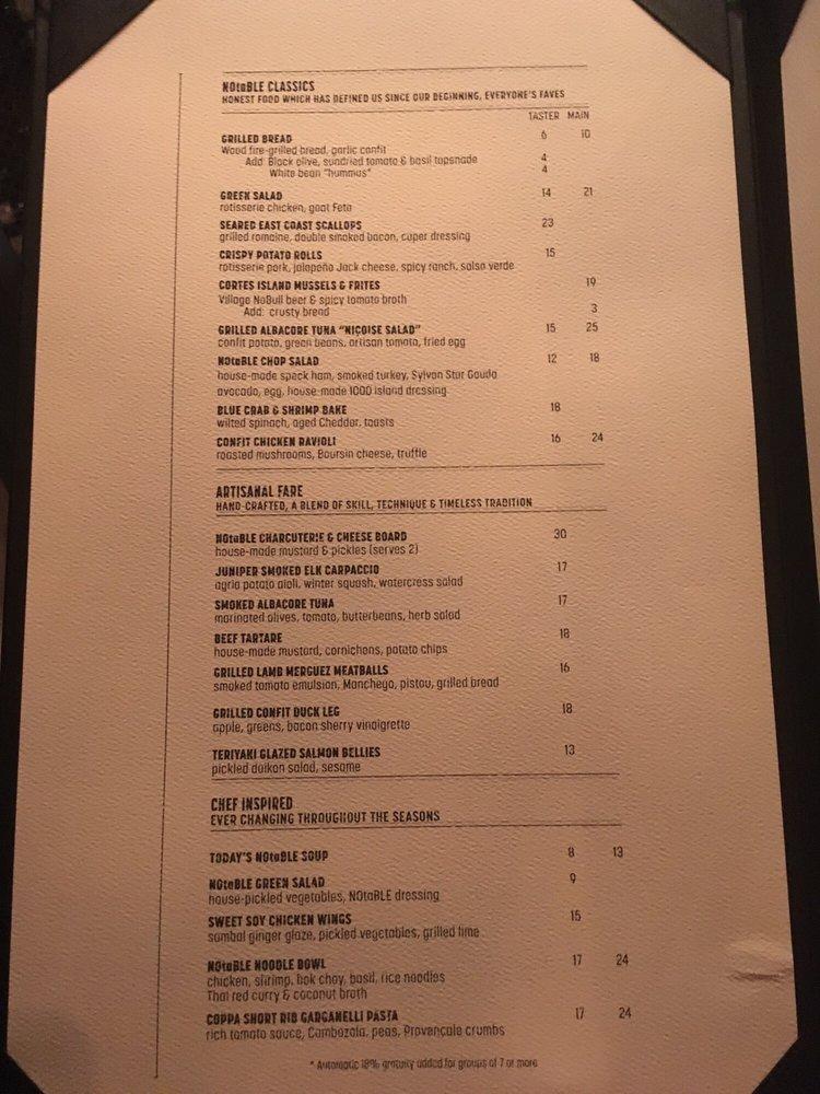 Menu at NOtaBLE - The Restaurant, Calgary