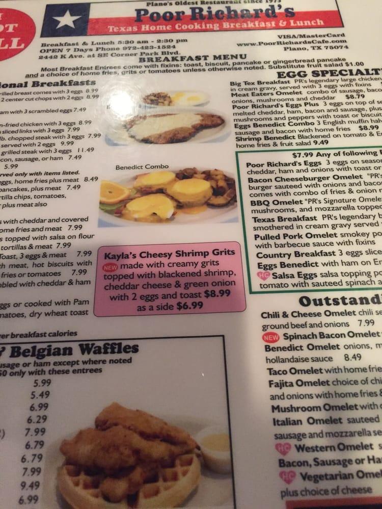 Menu at Poor Richard's Cafe, Plano