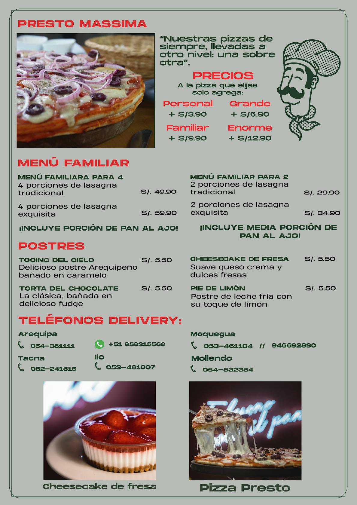Menu at Presto Italo - Peruana restaurant, Yanahuara District