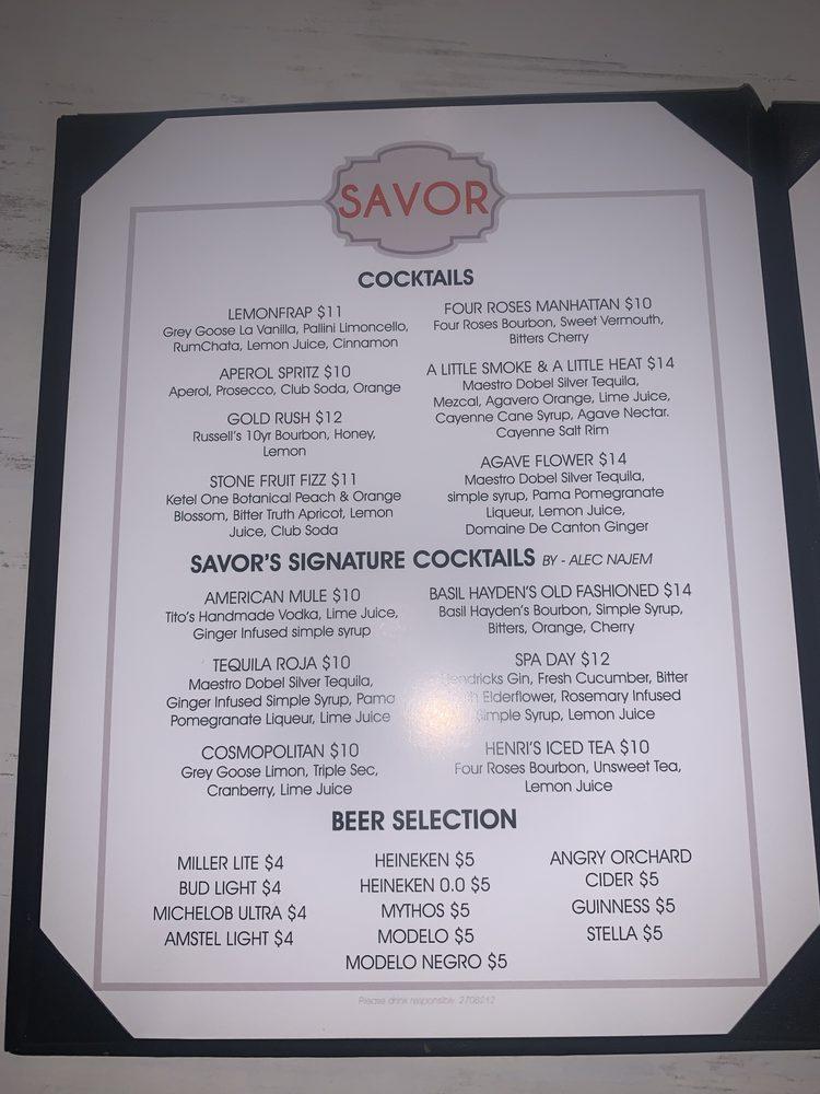Menu at Savor Restaurant, Carmel, 211 W Main St Suite 102