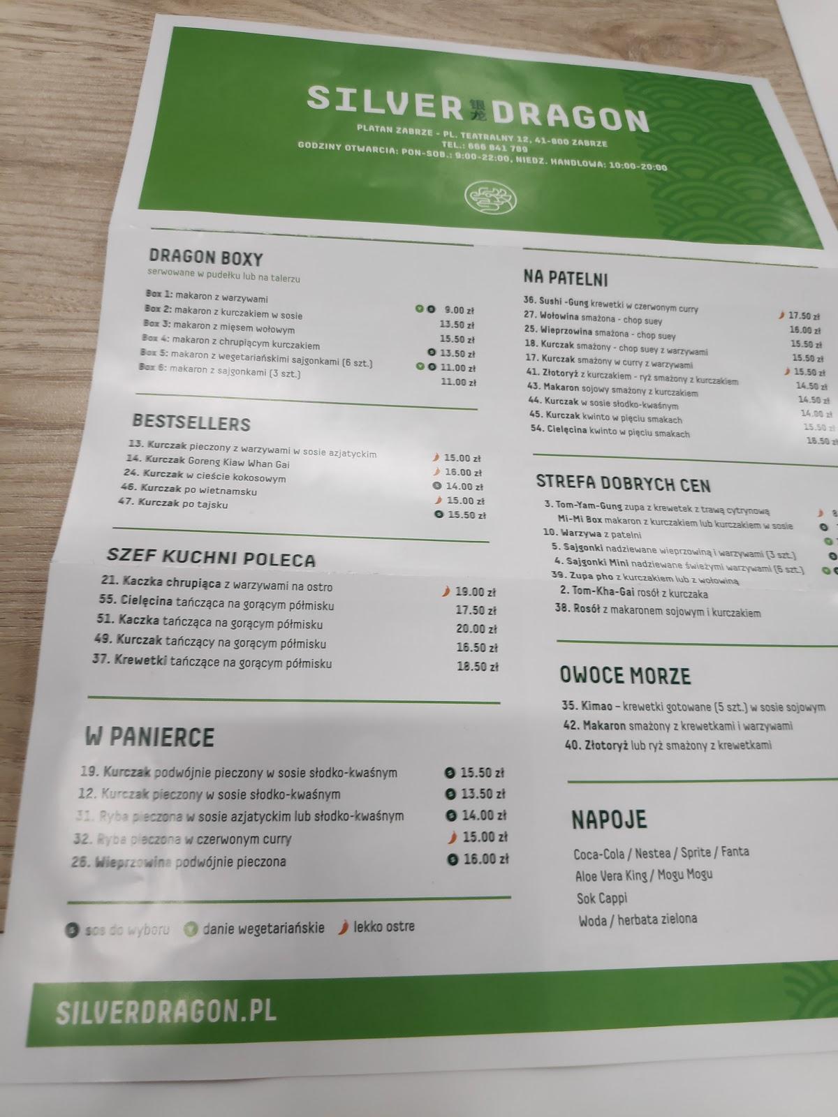 Menu at Silver Dragon restaurant, Zabrze, C.H. Platan