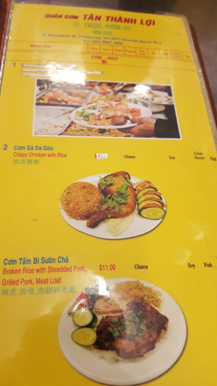 Menu at Tan Thanh Loi restaurant, Footscray