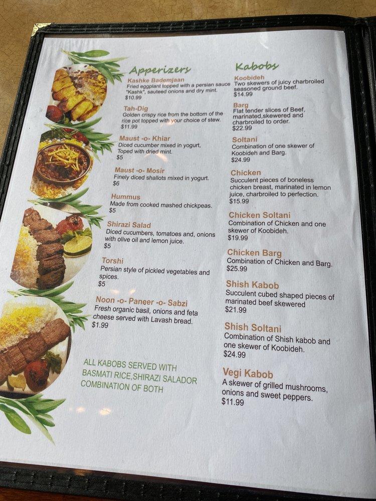 Menu at Tehroon Restaurant, Beaverton