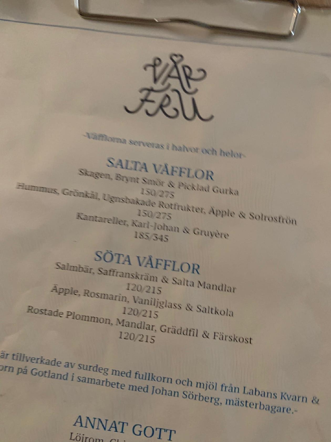 Menu at Vår Fru Visby restaurant, Visby