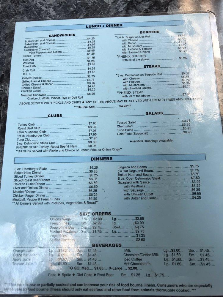 Menu at Phenix Square restaurant, West Warwick