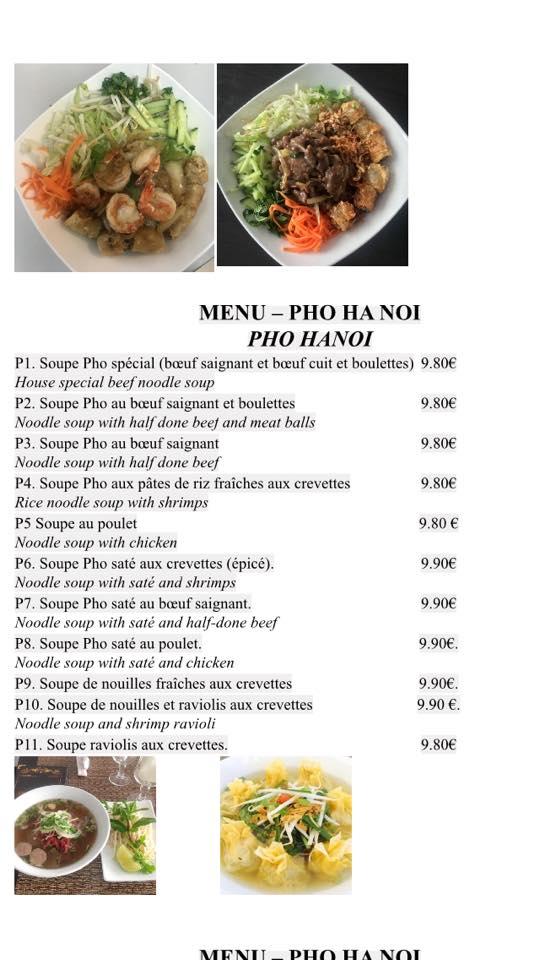 Menu at Pho Ha Noi restaurant, Paris