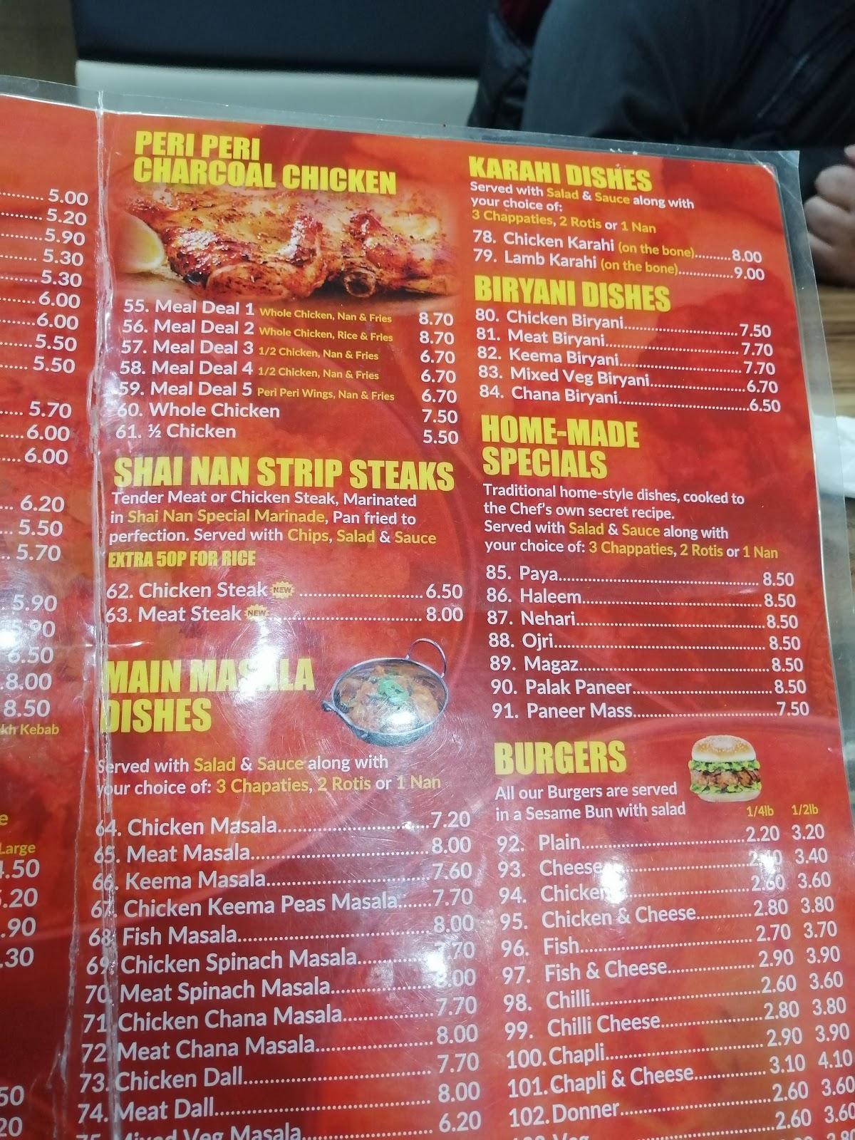 Menu at Shai Nan Kebab fast food, Leeds