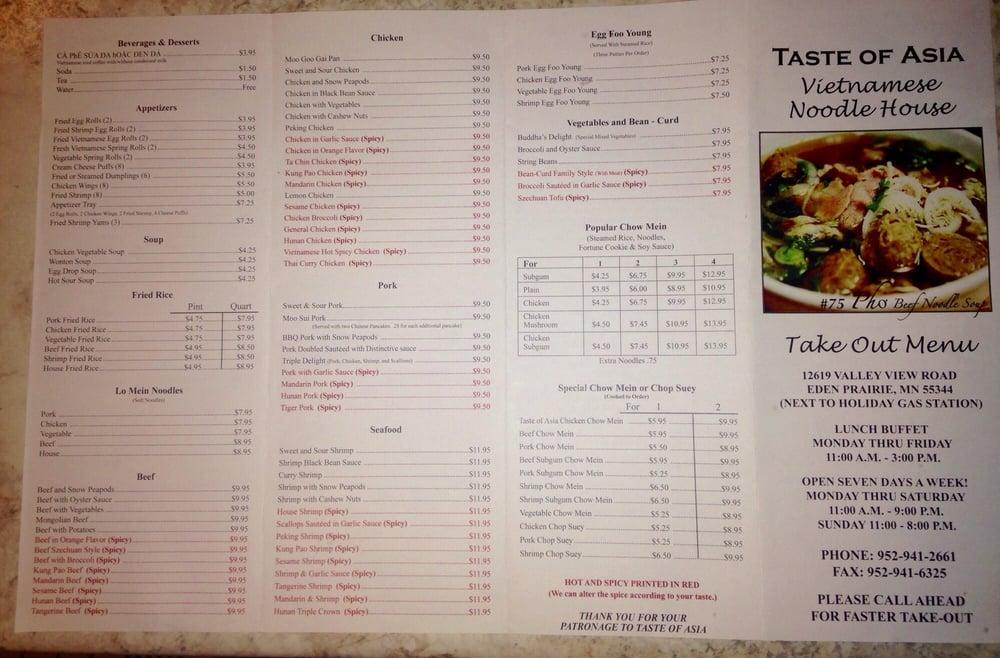 Menu at Taste of Asia restaurant, Eden Prairie