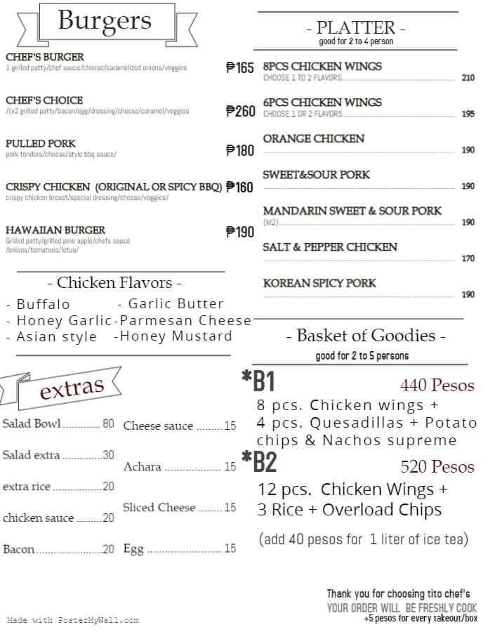 Menu at Tito Chef Gourmet. restaurant, Santa Rosa