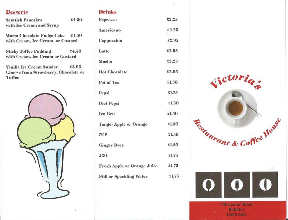 Menu at victoria's cafe & restaurant, Ballater