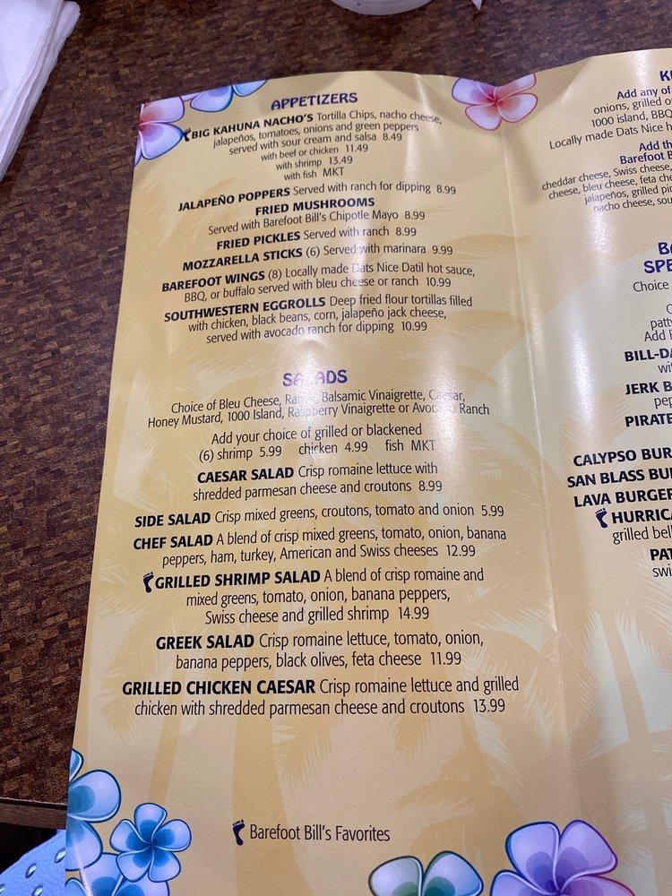 Menu at Barefoot Bill's Island Grill, St. Augustine