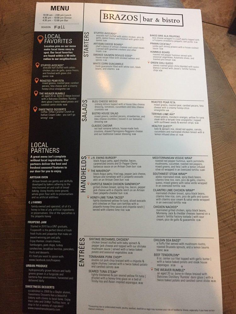 Menu at Brazos Bar & Bistro, Waco