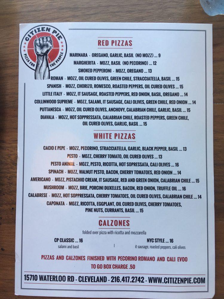 Menu at Citizen Pie pizzeria, Cleveland, Waterloo Rd #1660