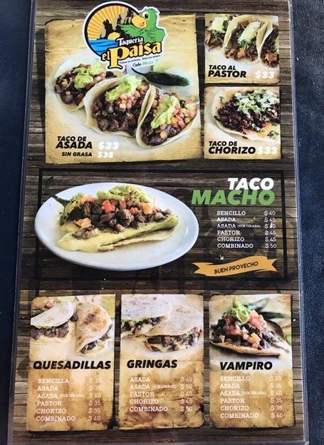 Menu at El Paisa restaurant, Cabo San Lucas, Blvd. Lázaro Cárdenas