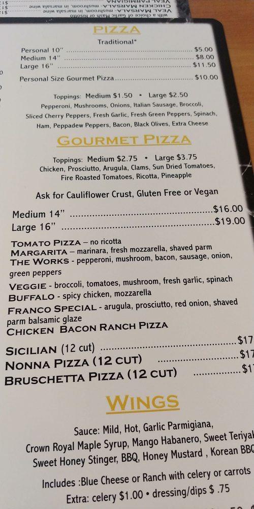 Menu at Franco's pizzeria, Wilkes-Barre