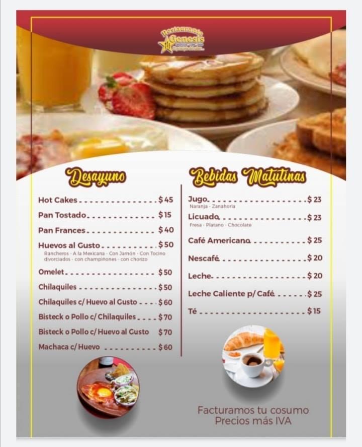 Menu at Genesis restaurant, Pabellón de Arteaga