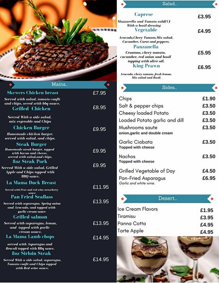 Menu at La Mama restaurant, Keswick
