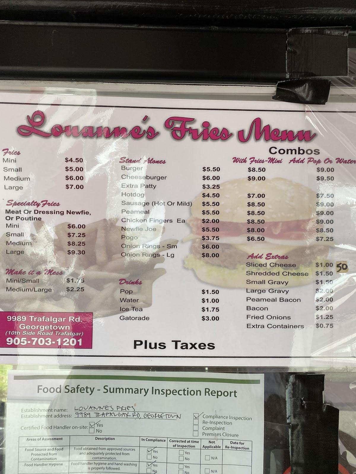 Menu at Louanne's Fries restaurant, Halton Hills