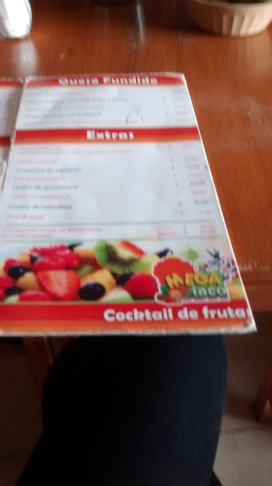 Menu at Mega Taco restaurant, Puebla City, Av. las Margaritas 518 y 512