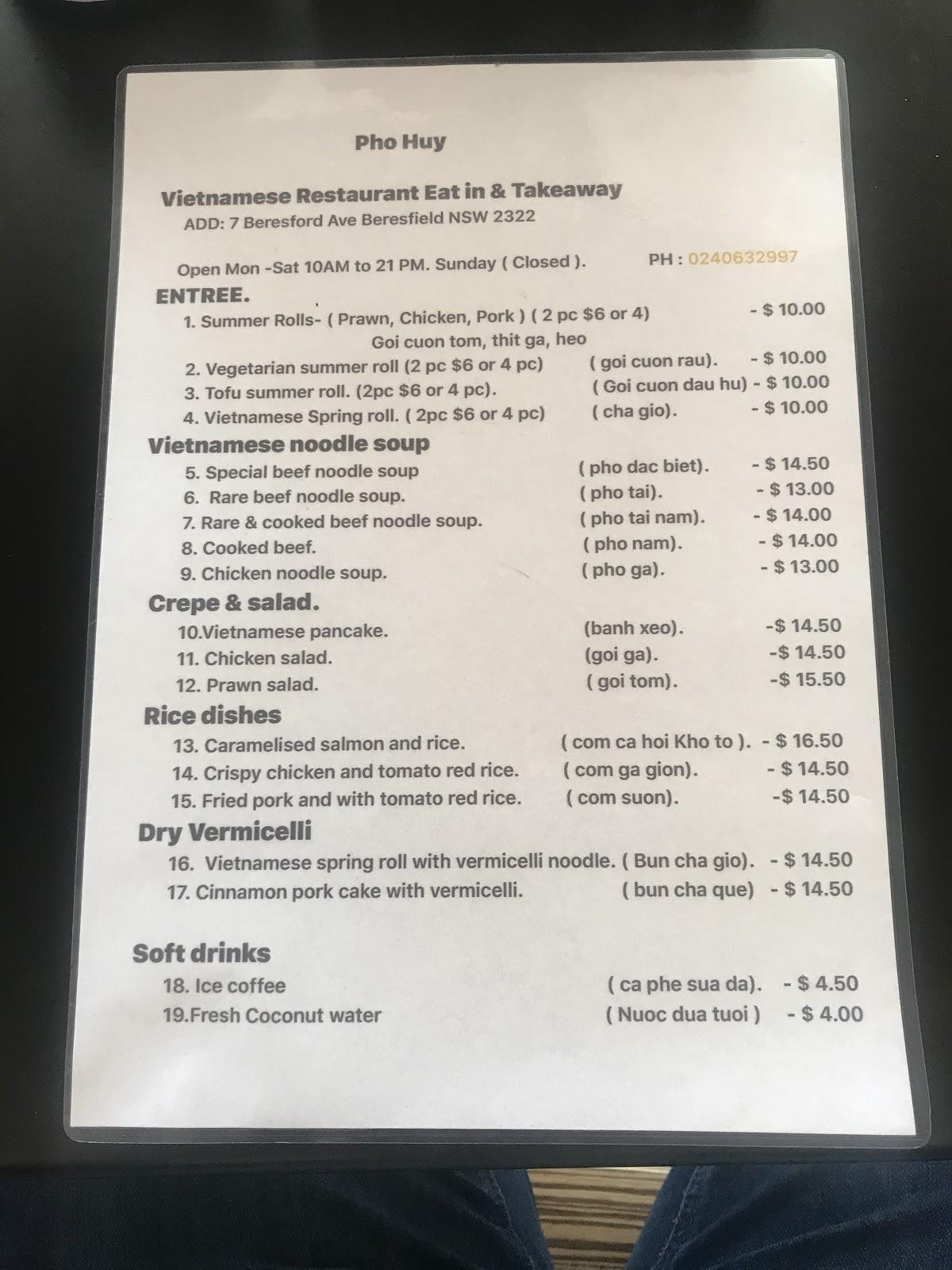 Carta de Pho Huy Restaurant, Beresfield