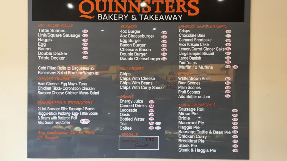 Menu at Quinnsters restaurant, Musselburgh