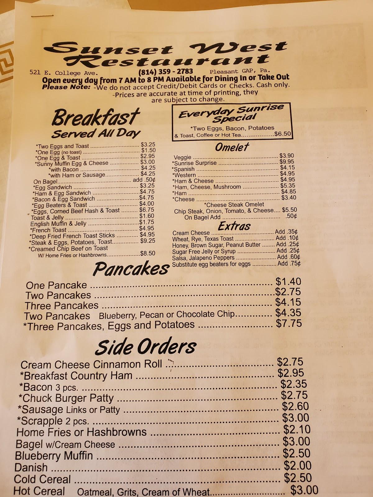 Menu at Sunset West Restaurant, Pleasant Gap