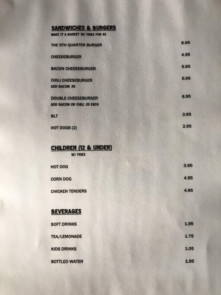 Menu at The 5th Quarter Bar and Grill, Gaston