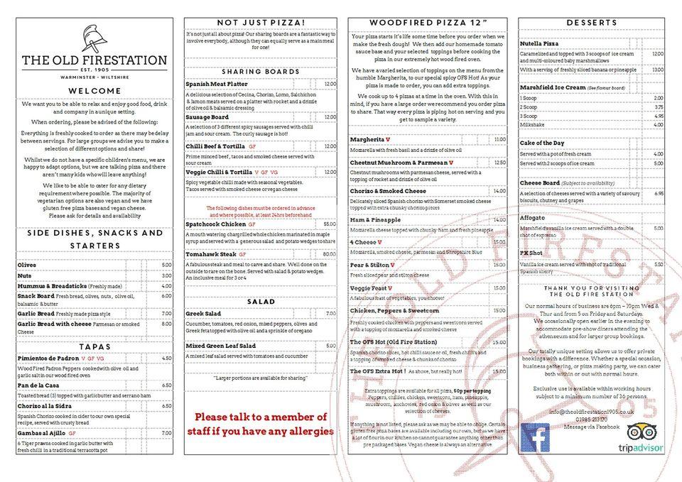 Menu at The Old Fire Station, Warminster pub & bar, Warminster