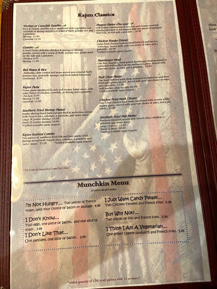 Menu at Toups' Kajun Kitchen restaurant, Leesville