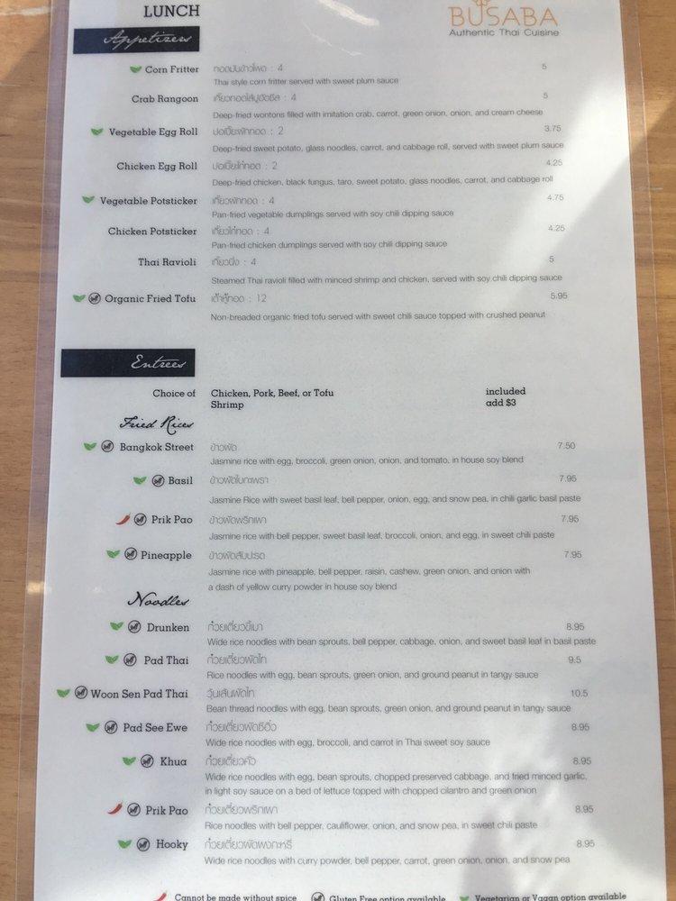 Menu at Busaba restaurant, Louisville