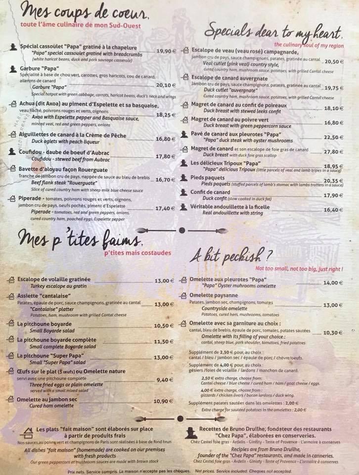 Menu at Chez Papa restaurant, Paris, 59 Rue de Clichy