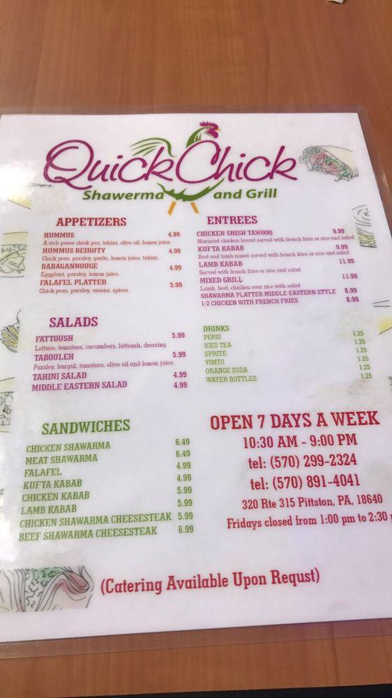 Menu at QuickChick Shawarma and Grill restaurant, Pittston, 320 PA-315 ...