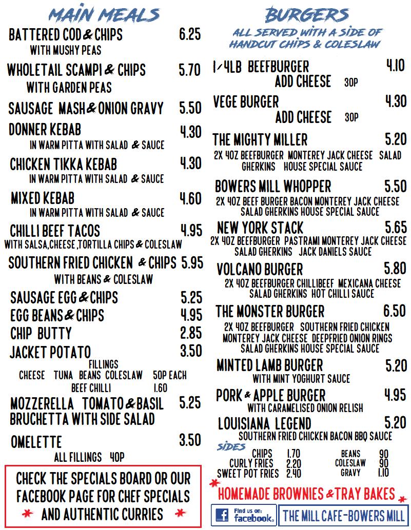 Carta de The Mill Cafe, Halifax, Bowers Mills