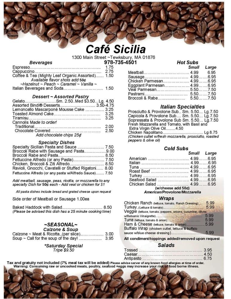 Menu at Café Sicilia restaurant, Tewksbury