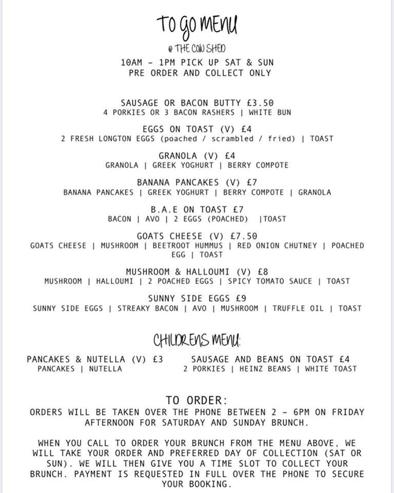 Menu at The Cow Shed cafe, Preston