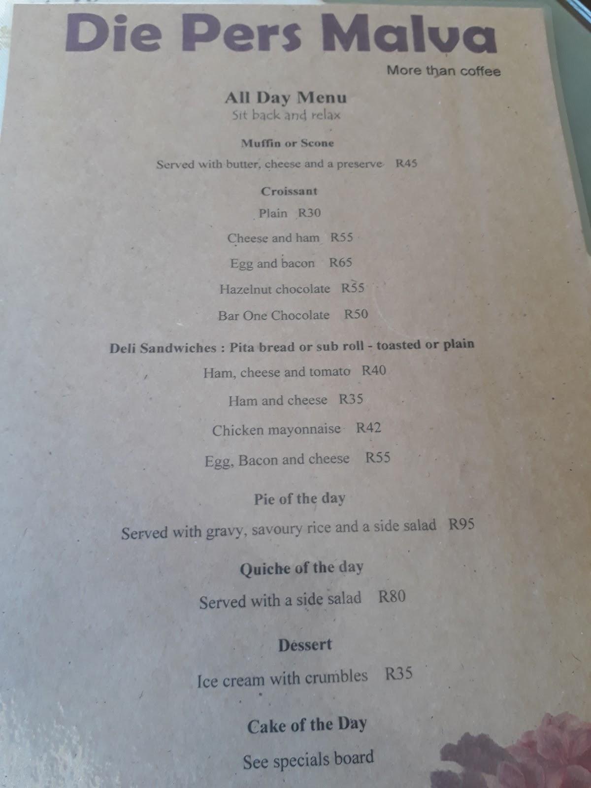 Menu at Die Pers Malva cafe, Fraserburg